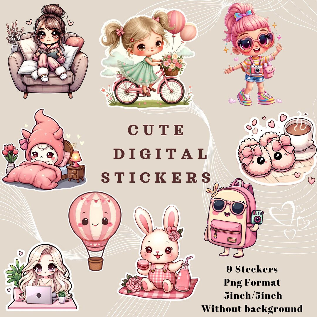 Digital Stickers – 9 Cute PNG Files, Transparent Background | Great for ...