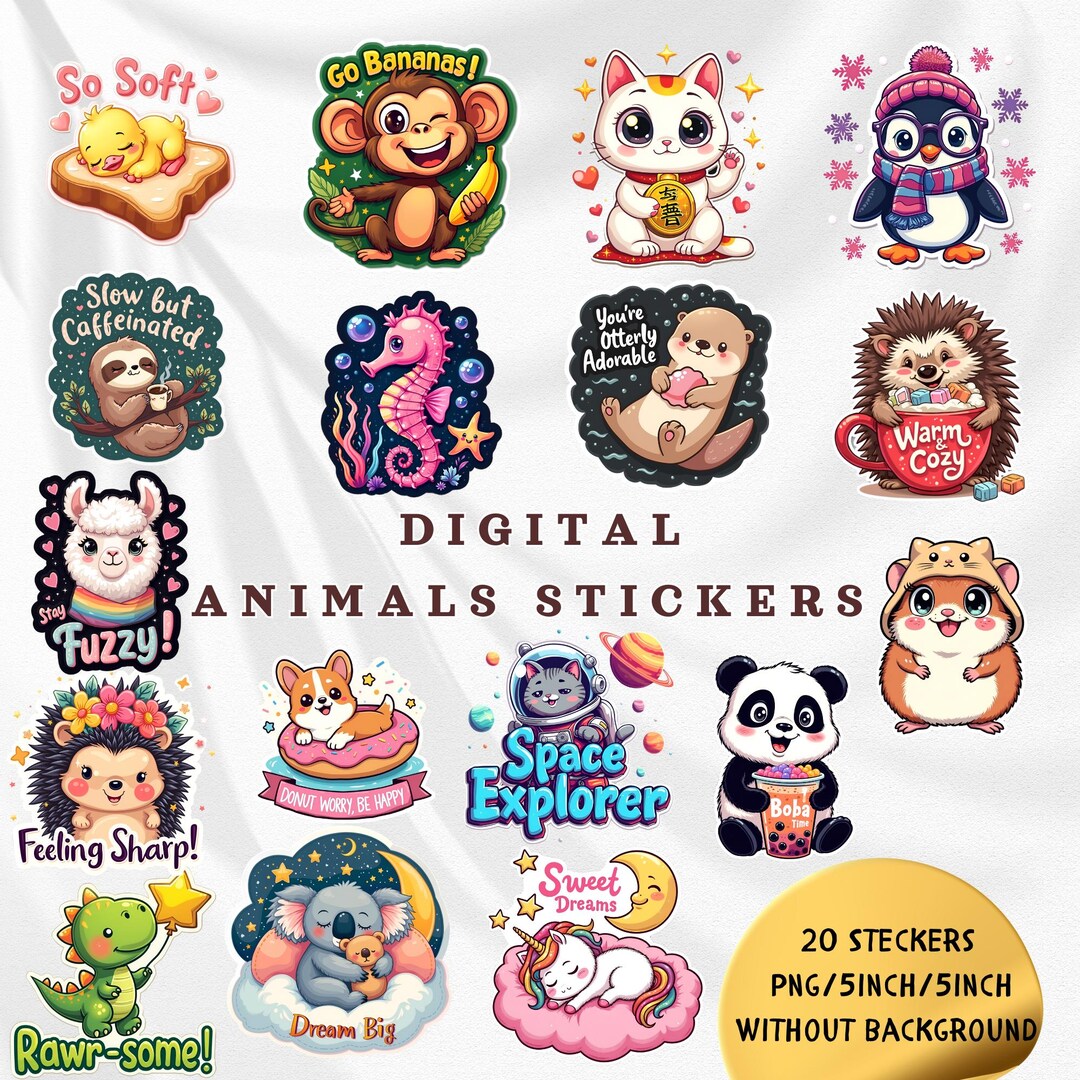 Cute Animal Digital Stickers PNG, Kawaii Animals Clipart, Funny Animal ...