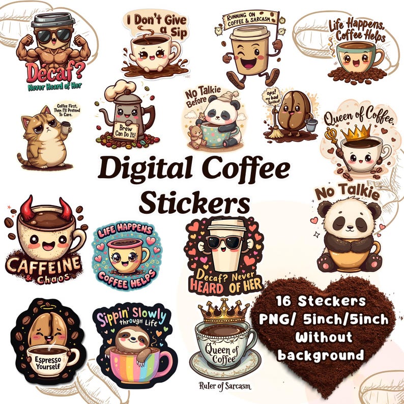 Funny Coffee Digital Stickers PNG, Cute Kawaii Coffee Quotes, Caffeine ...