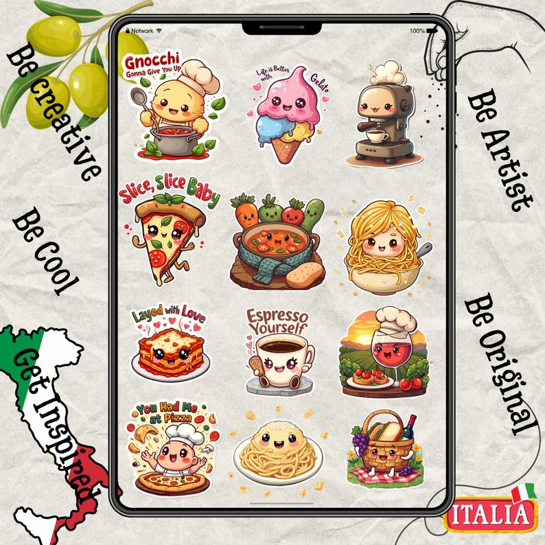 Cute Italian Food Stickers | Printable and Digital PNG Set | Kawaii ...