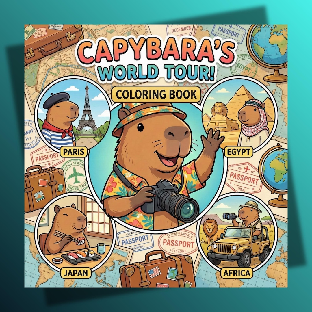 Capybara World Tour Coloring Book Printable PDF | Travel Coloring Pages ...