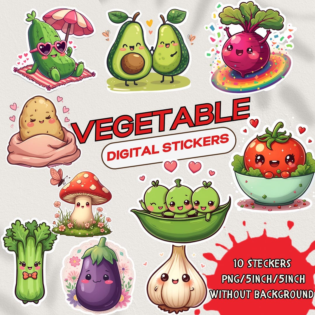 Digital Vegetable Stickers | 10 Cute Veggie PNG Clipart | Fun Food ...