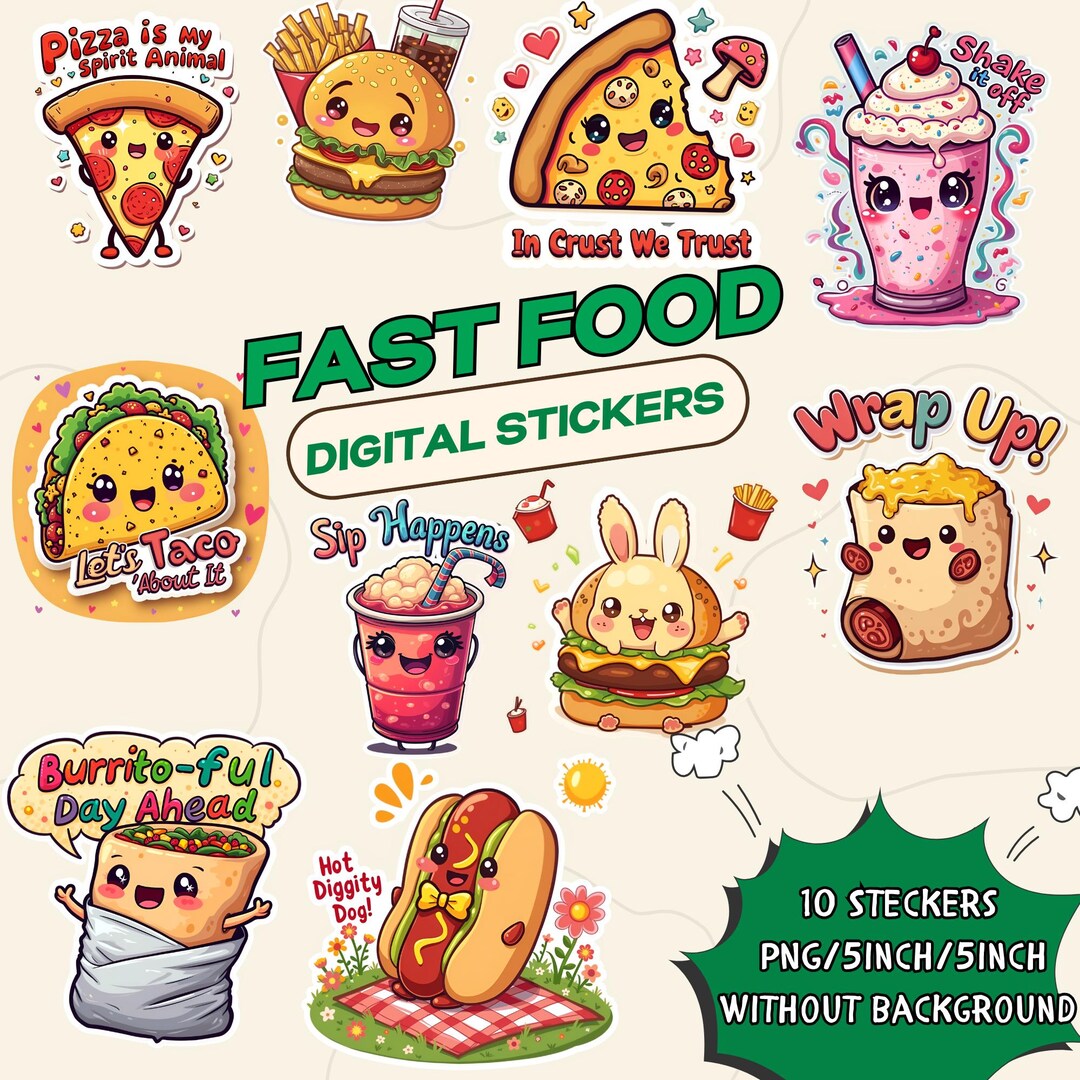 Fast Food Digital Stickers PNG | Cute Kawaii Food Stickers With Funny ...