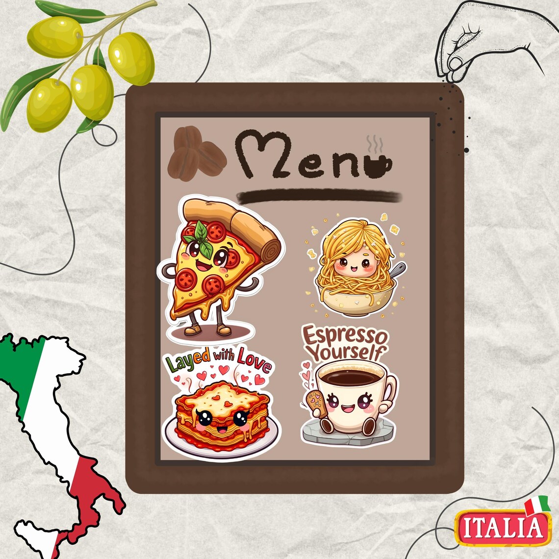 Cute Italian Food Stickers | Printable and Digital PNG Set | Kawaii ...