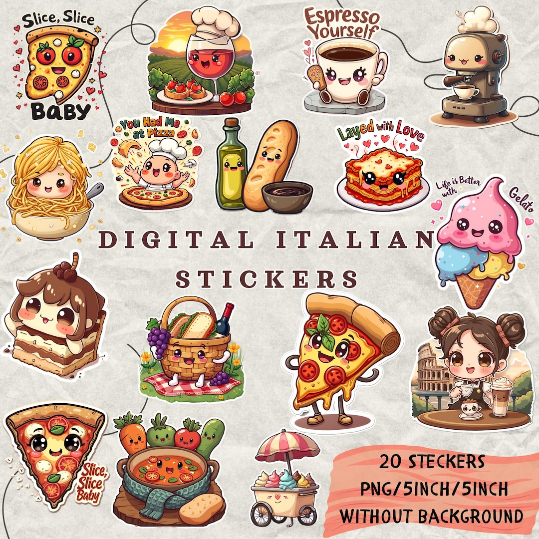 Cute Italian Food Stickers | Printable and Digital PNG Set | Kawaii ...