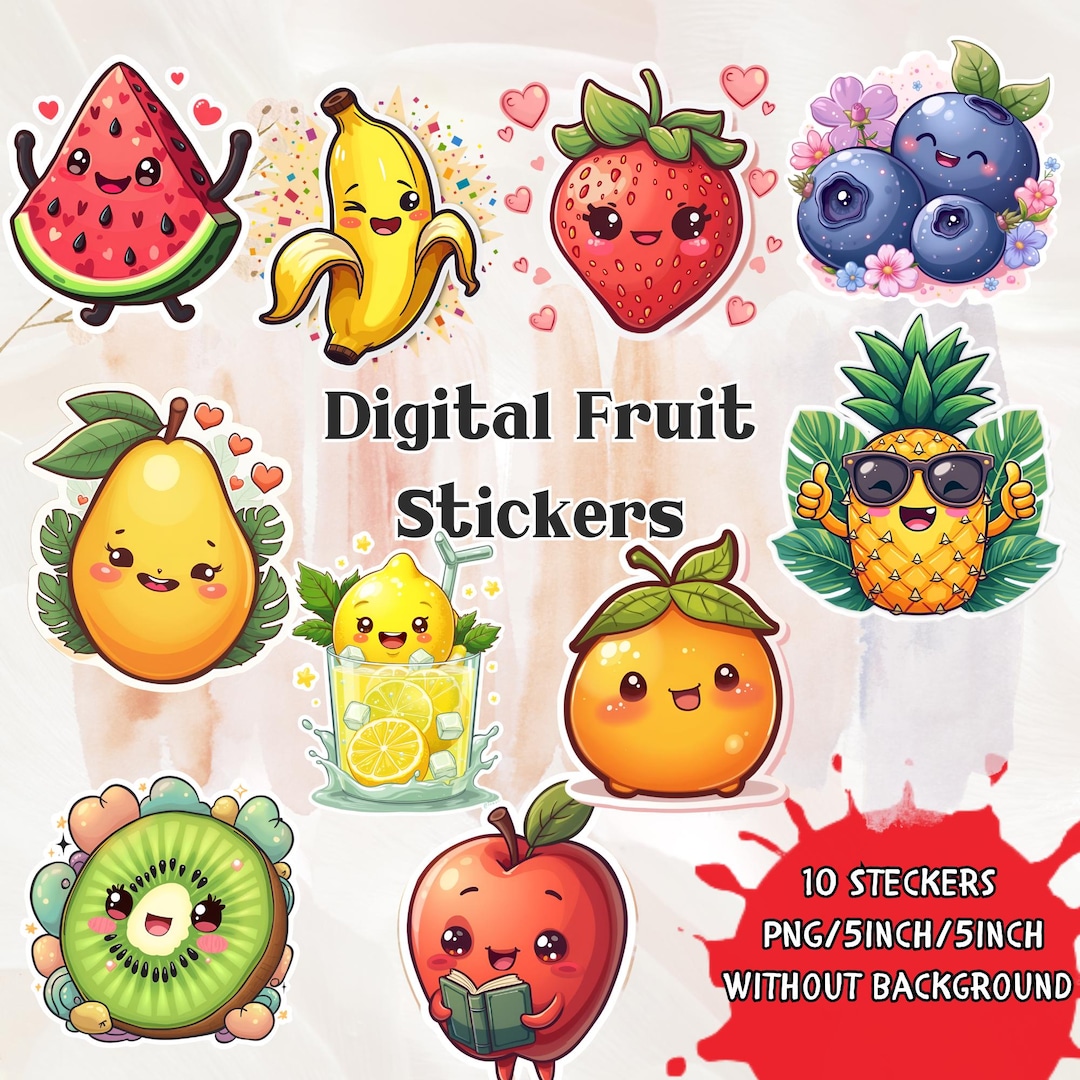 Colorful Kawaii Fruit Stickers – 10 Cute Digital PNG Files for Planners ...