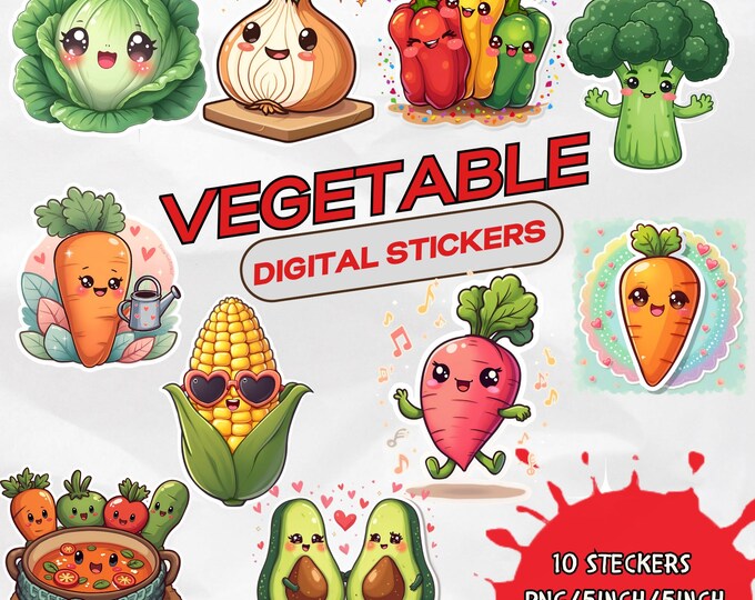 Cute Vegetable Digital Stickers Pack, Kawaii Veggie PNG Clipart, Funny ...