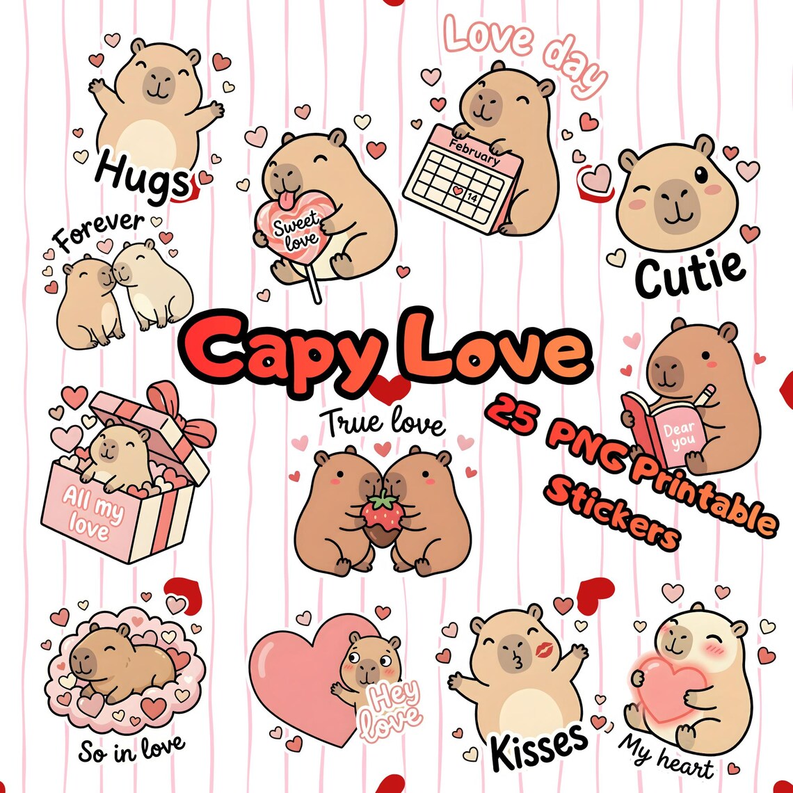 Capybara Valentine Stickers | Cute Capybara Love PNG Stickers ...