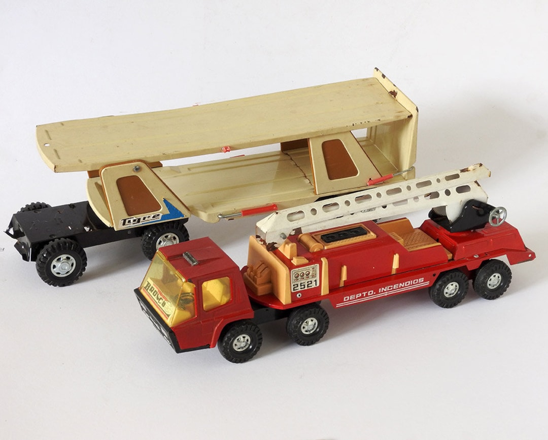 Gozan 70s Toy Lot: Bronco Fire Truck and Vintage Car Carrier Trailer ...