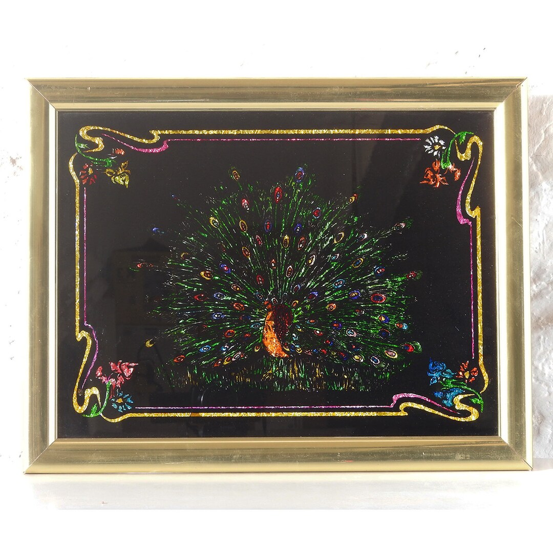 Vintage Foil Art 70s Tinsel Reverse Artwork Framed Peacock Painting - Etsy