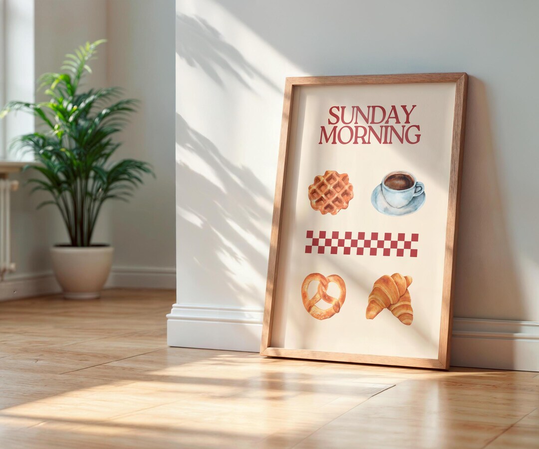 Sunday Morning Poster, Waffle Poster, Croissant and Coffee Print, Cafe ...