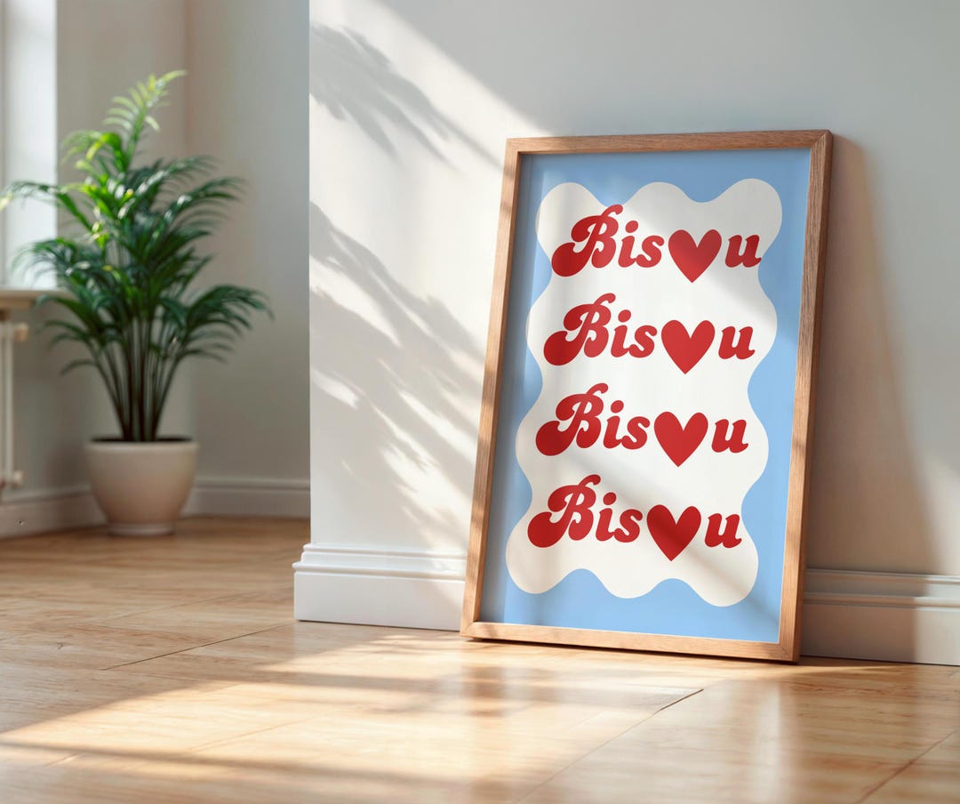 Bisou Print, French Kiss Wall Art, Red Blue Preppy Heart Font Poster, Trendy Aesthetic Apartment ...