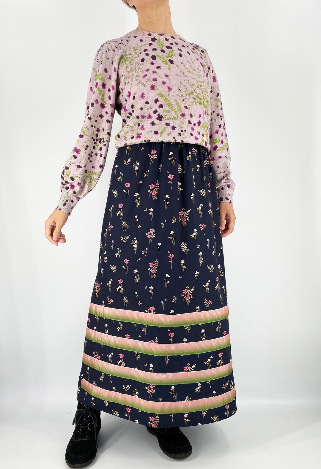 Custom Made Ribbon Skirt With Floral Print Cotton and Pink Green ...