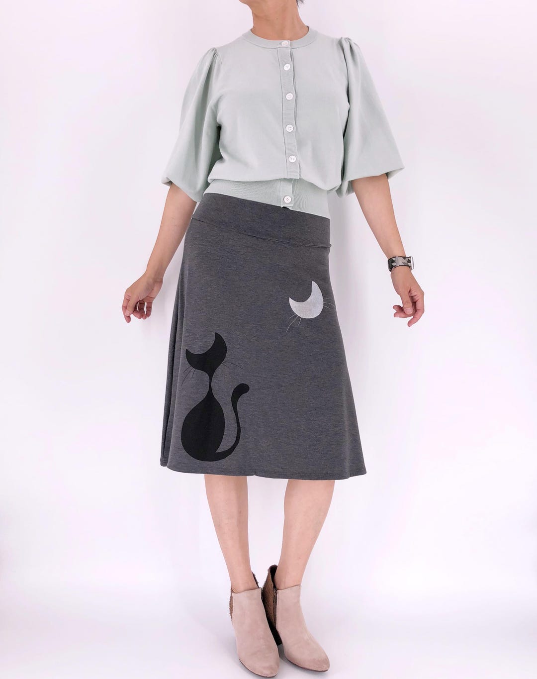Cat Skirt for Women With Black Cat Print and White Moon Print, Gray ...