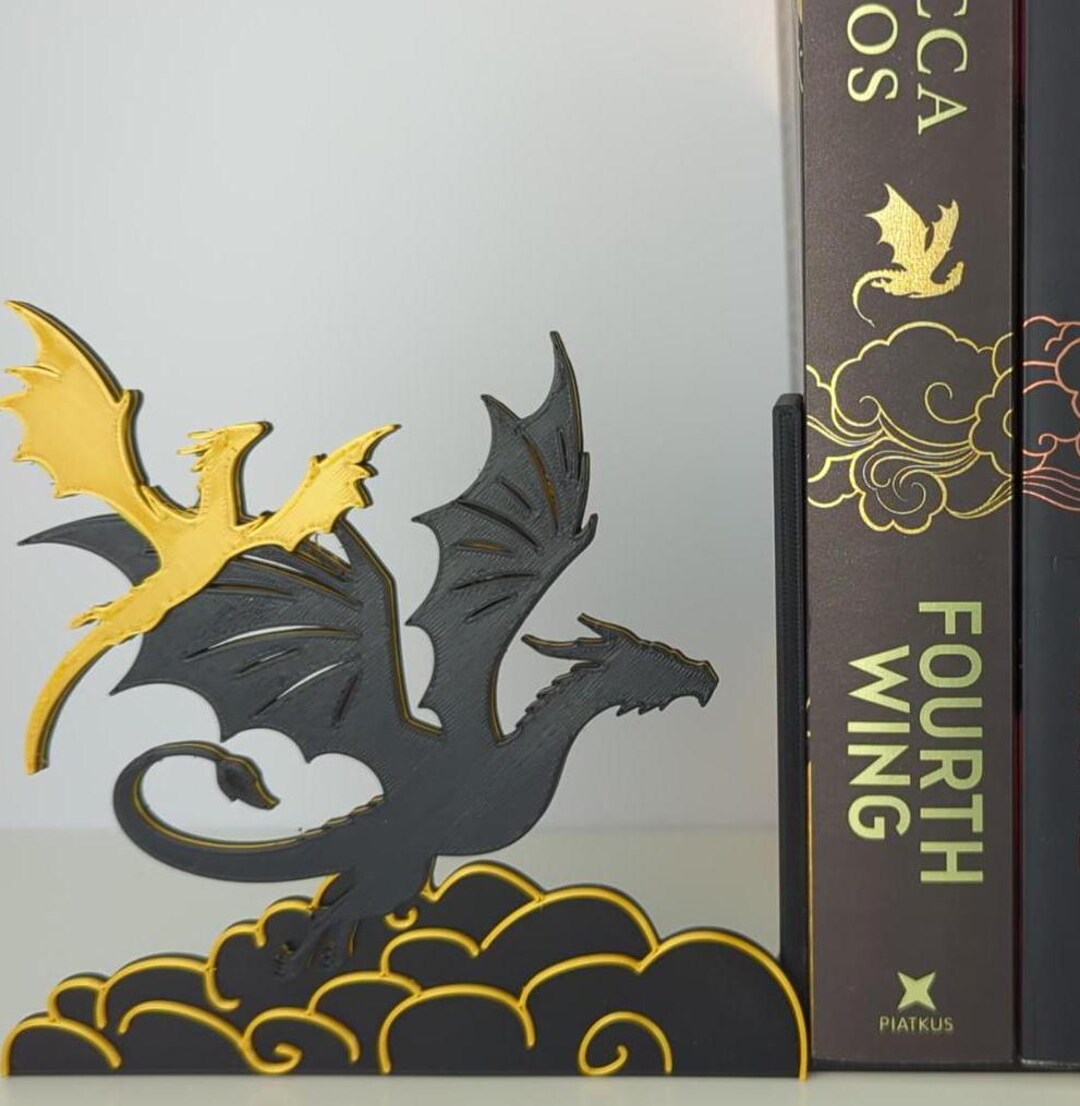 Double Dragons Bookends, 3D Printed Bookshelf Stand With Gold Details ...
