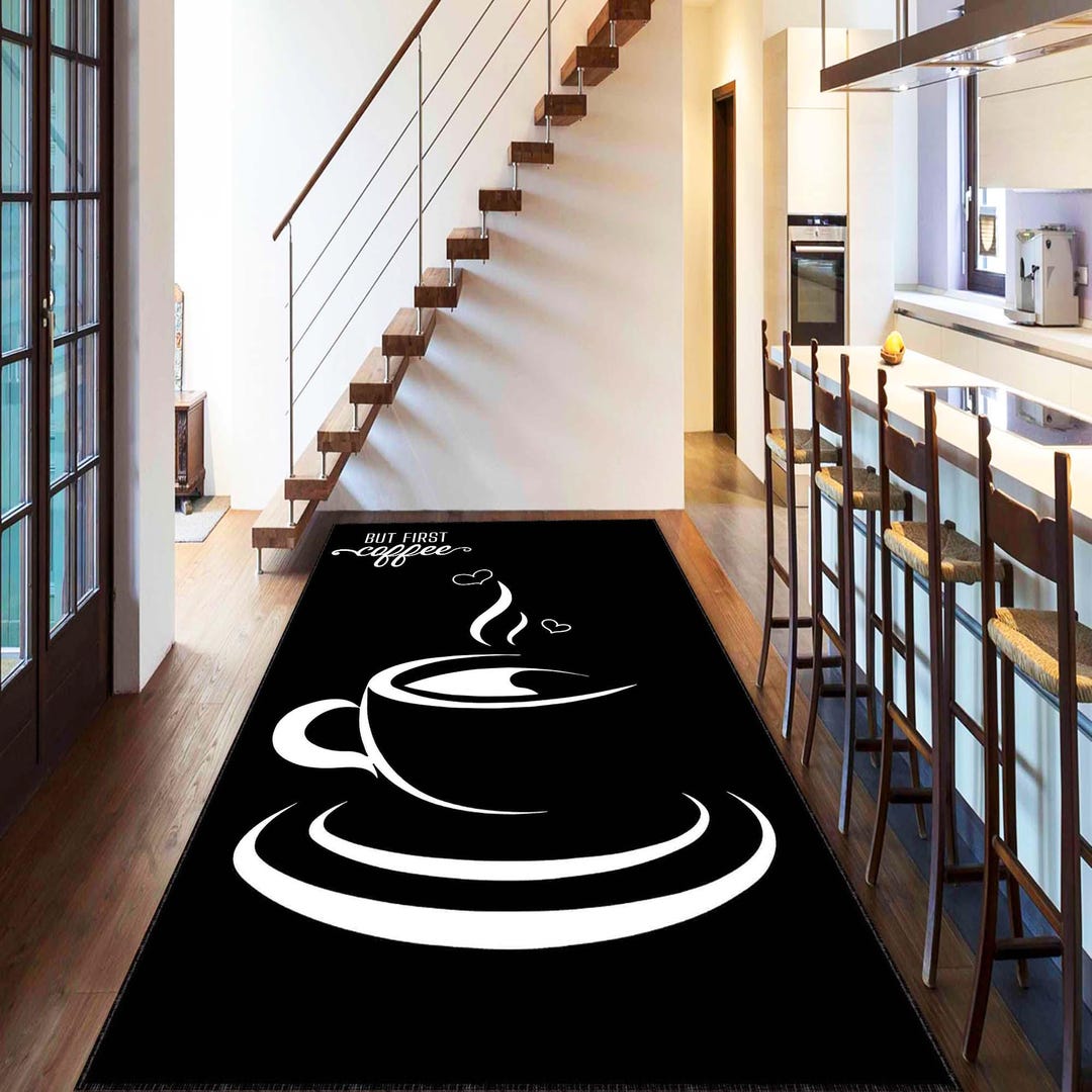 But First Coffee Rug, Black and White Kitchen Mat, Cozy Coffee Bar ...