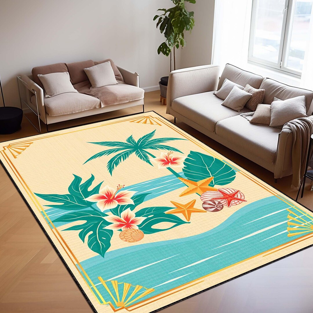 Palm Tree Ocean Art Deco Rug, Coastal Tropical Area Carpet, Beachy ...