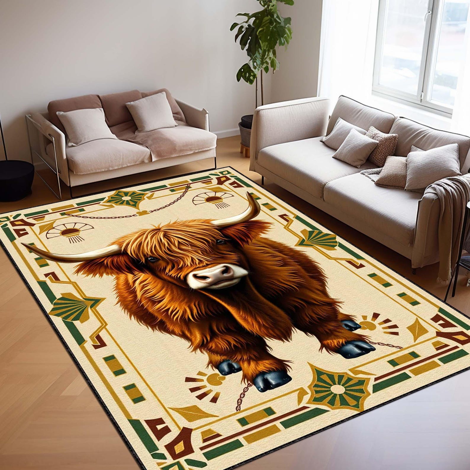 Highland Cow Art Deco Rug, Rustic Farmhouse Area Carpet, Shaggy Cattle ...