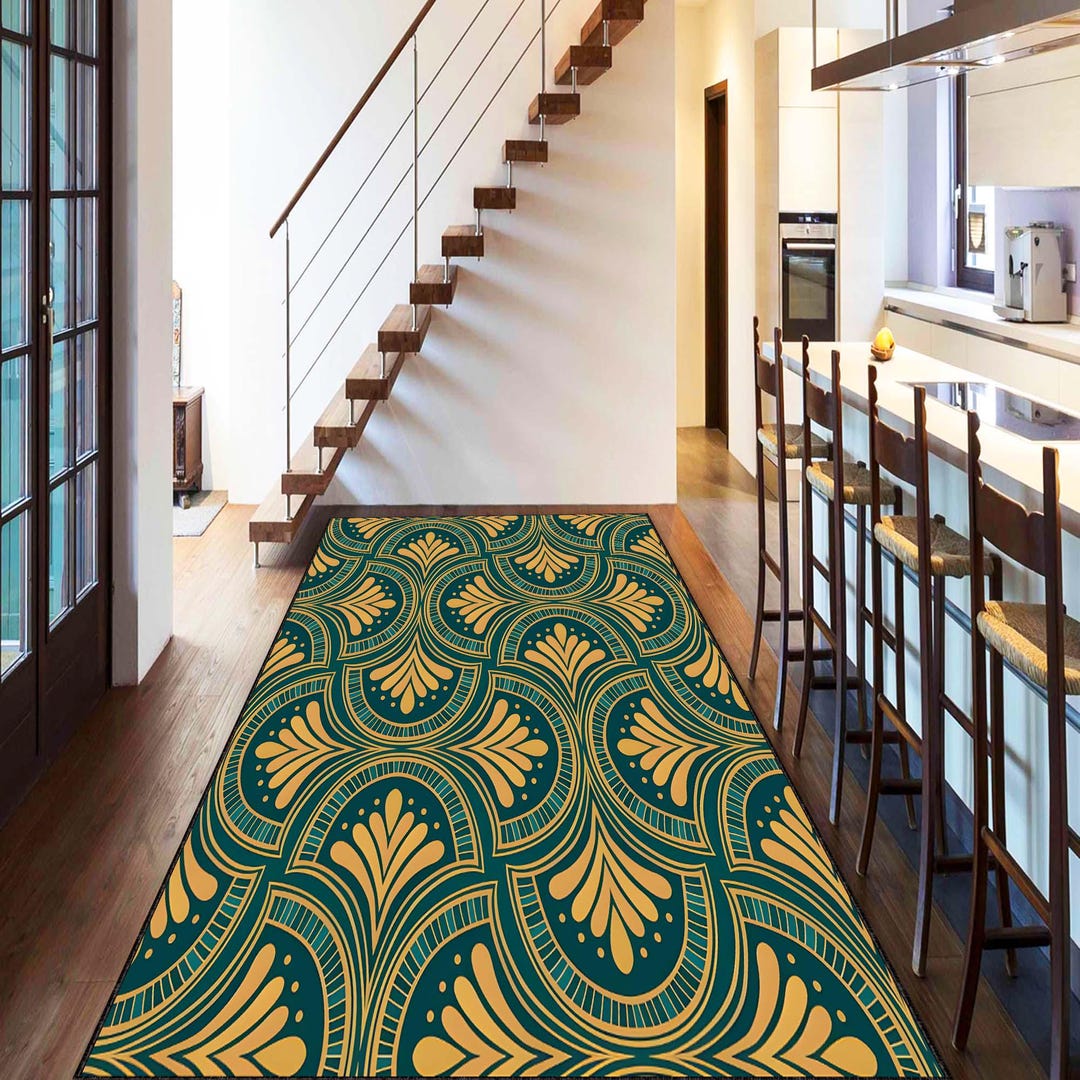 Art Deco Inspired Area Rug, Geometric Patterned Carpet, Gold and Green ...