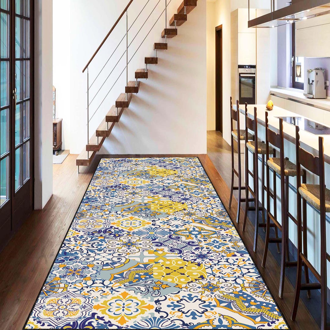 Ethnic Tile Pattern Runner Rug, Traditional Mosaic Hallway Carpet, Boho ...