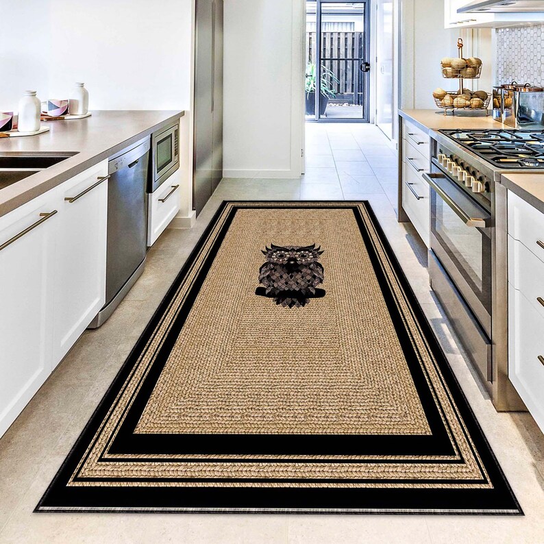 Woven Straw Look Owl Runner Rug, Natural Jute Style Carpet, Rustic ...