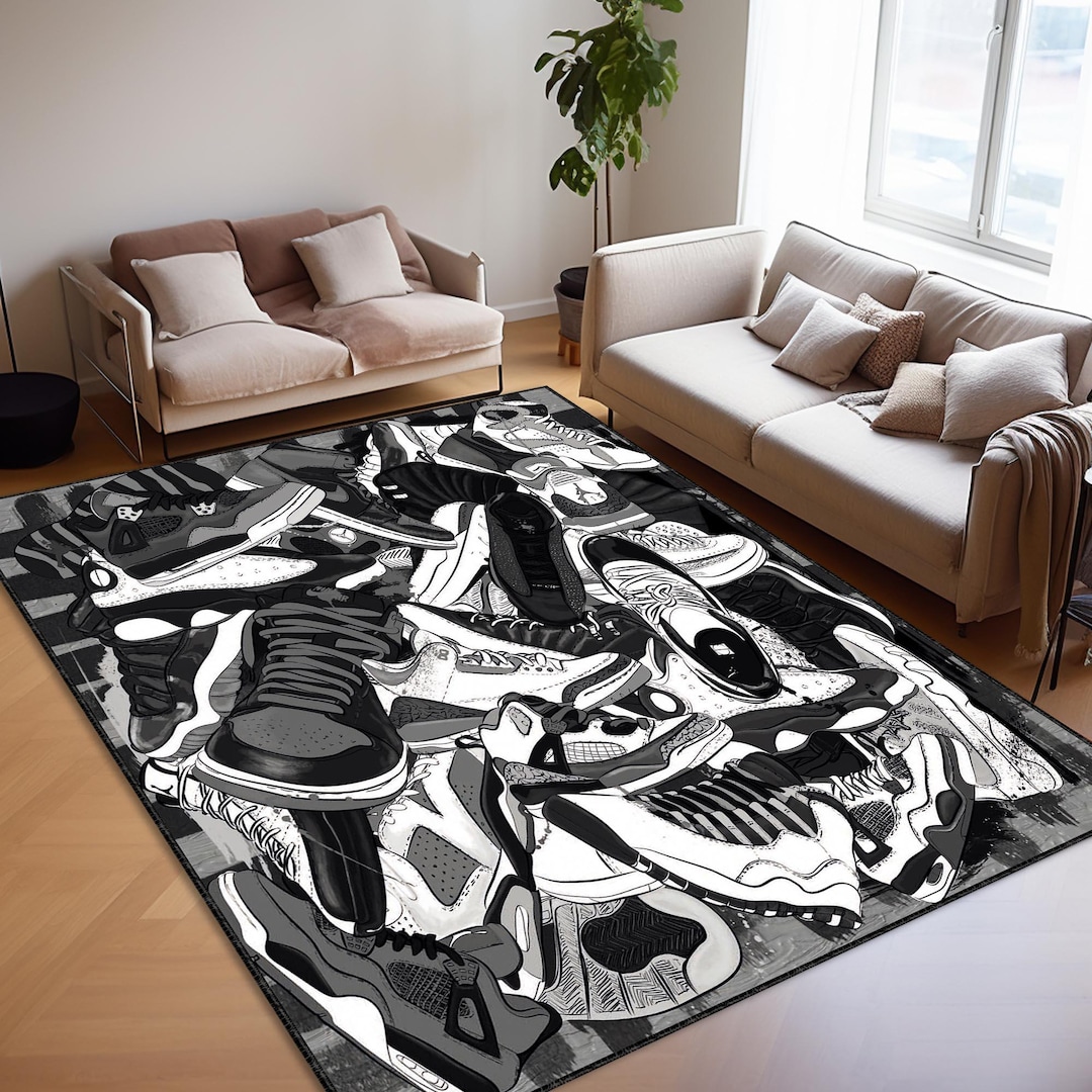 Black White Color Sneakers Shoes Pattern Rug, Sneakers Shoes Rug, Shoes ...