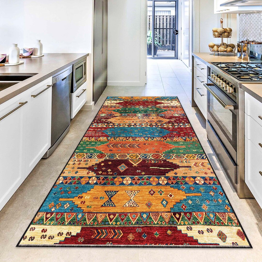 Ethnic Patterned Runner Rug, Boho Style Long Carpet, Non-slip Colorful ...