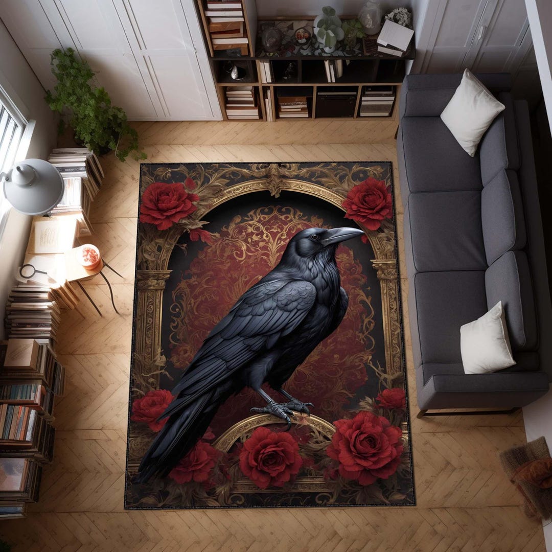 Raven Rug, Crow Area Rug, Gothic Black Bird Carpet, Dark Boho Hallway ...
