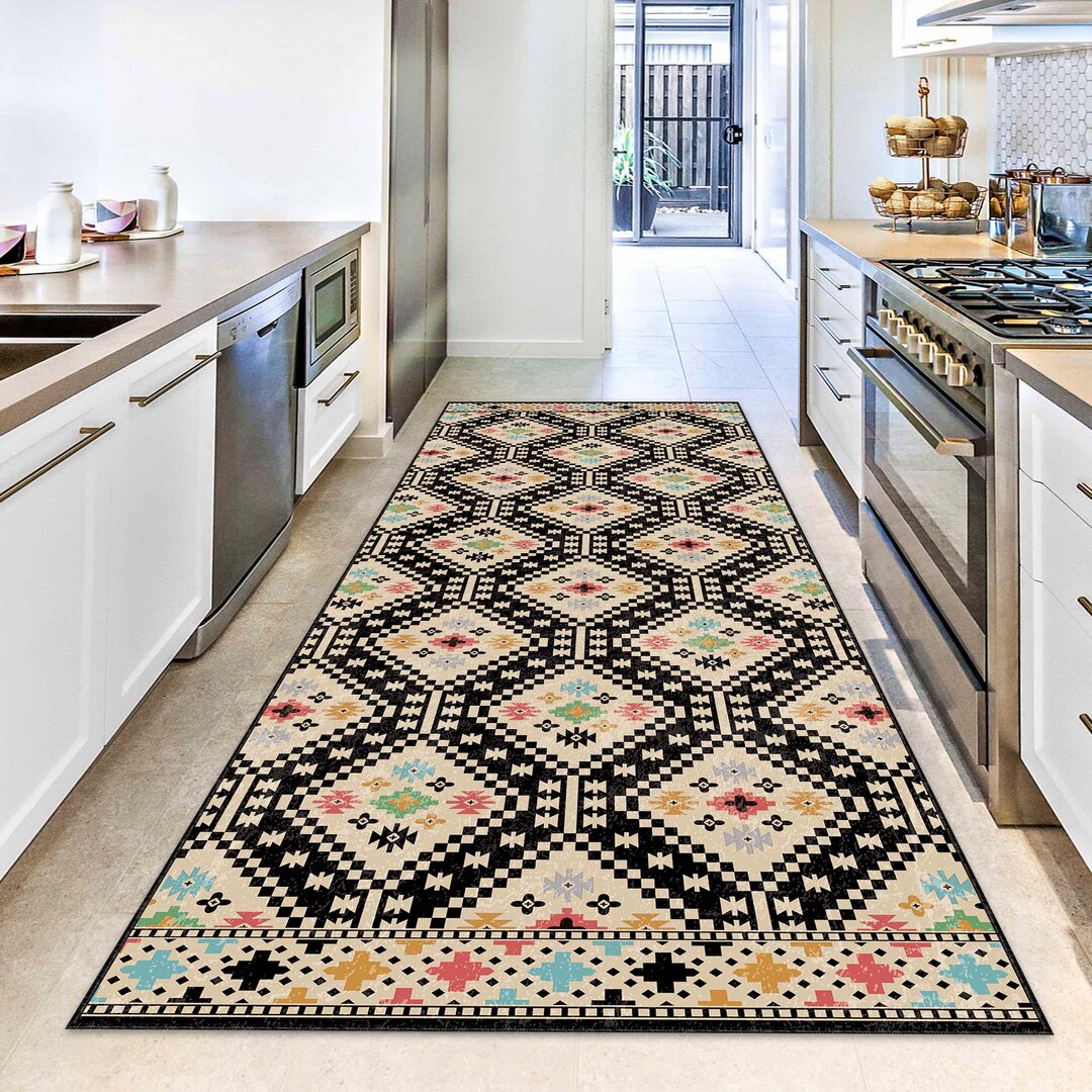Ethnic Tile Pattern Rug, Traditional Turkish Hallway Carpet, Boho ...