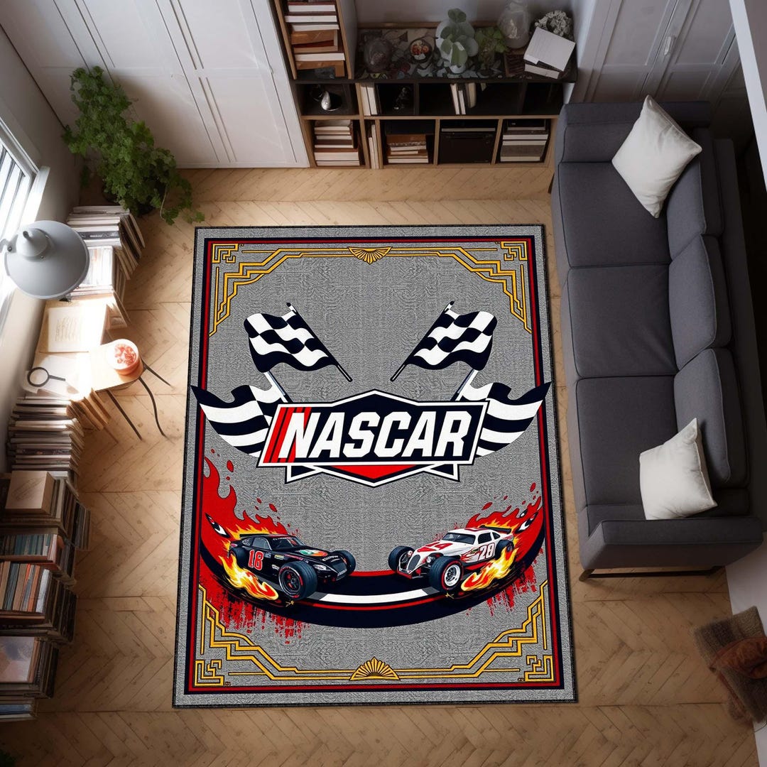 NASCAR Racing Area Rug, Race Car Bedroom Rug, Checkered Flag Carpet ...