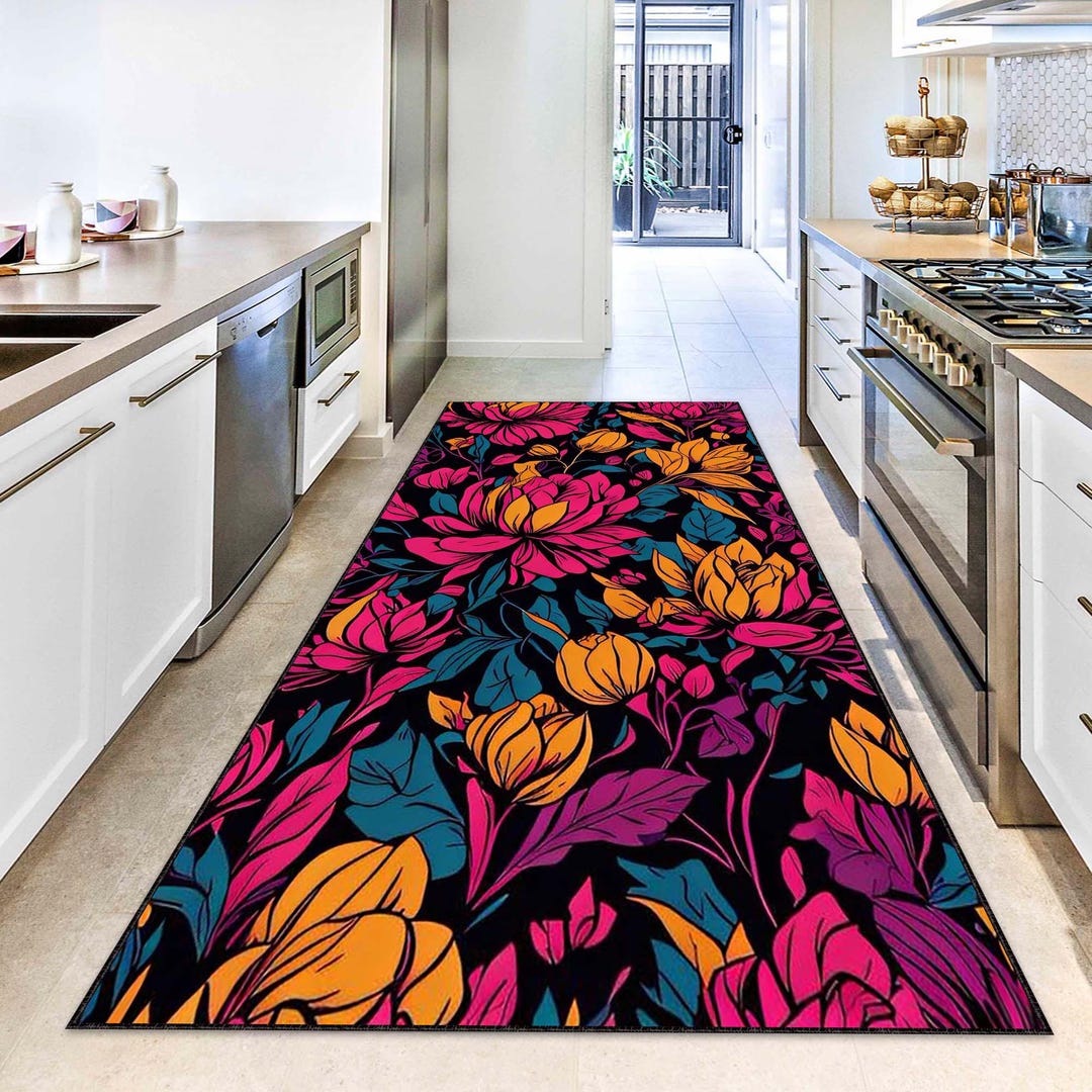 Boho Floral Runner Rug, Pink Orange Flower Hallway Carpet, Vintage ...