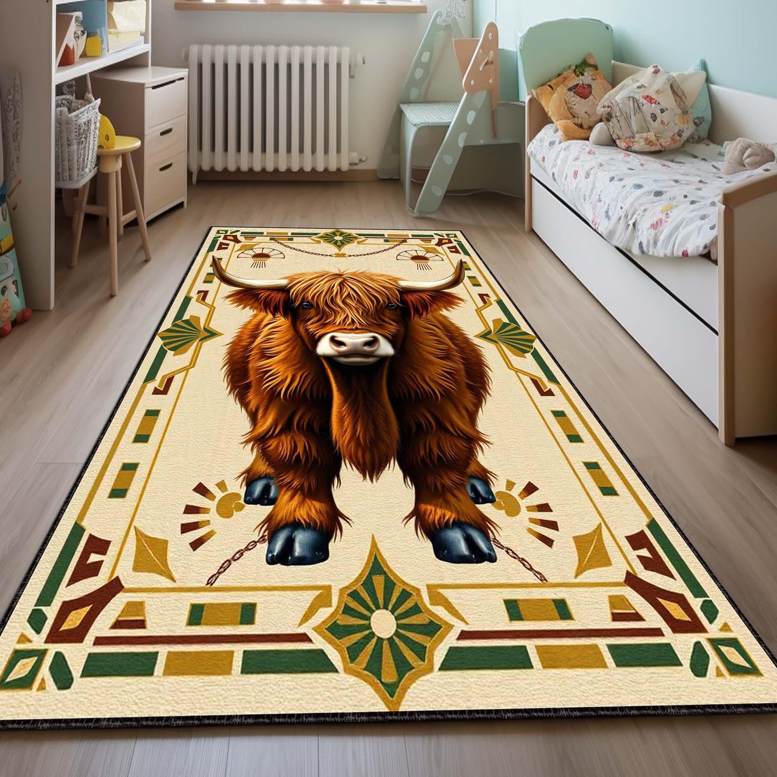 Highland Cow Art Deco Rug, Rustic Farmhouse Area Carpet, Shaggy Cattle ...