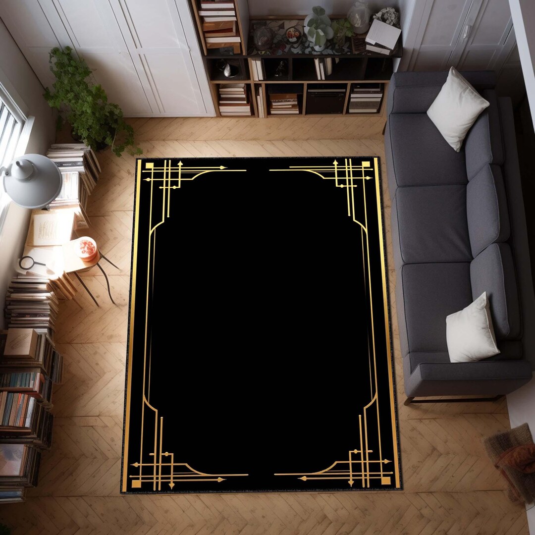 Art Deco Area Rug, Black and Gold Geometric Carpet, Modern Glam Floor ...