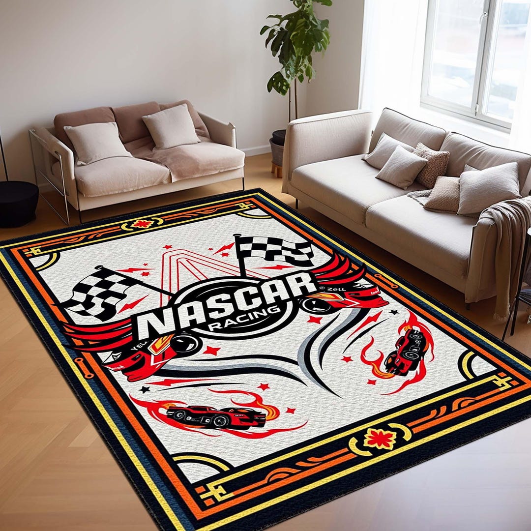 NASCAR Racing Area Rug, Race Car Bedroom Rug, Checkered Flag Carpet ...