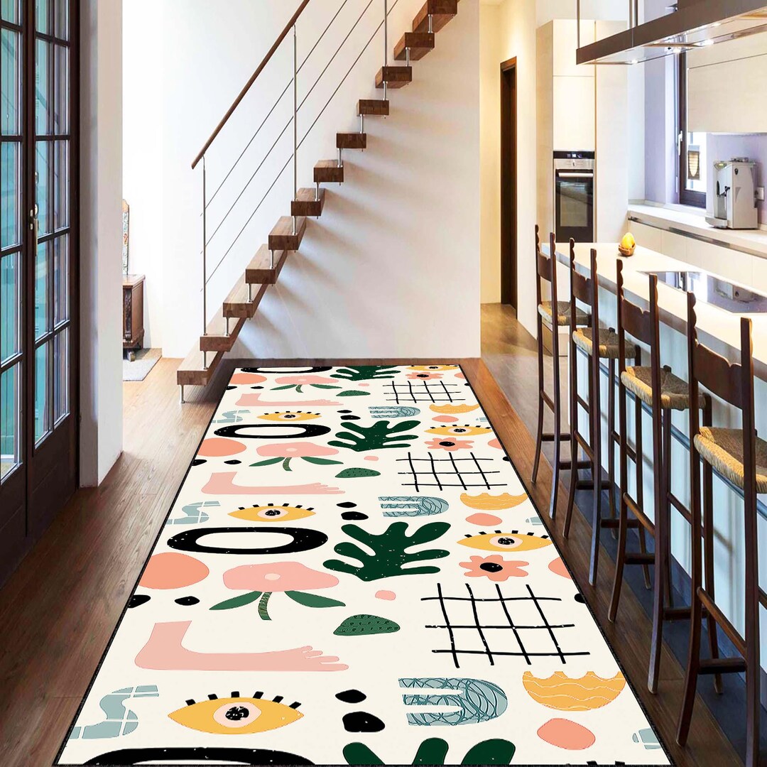 Asymmetric Botanical Pattern Carpet, Modern Artistic Hallway Mat, Boho ...