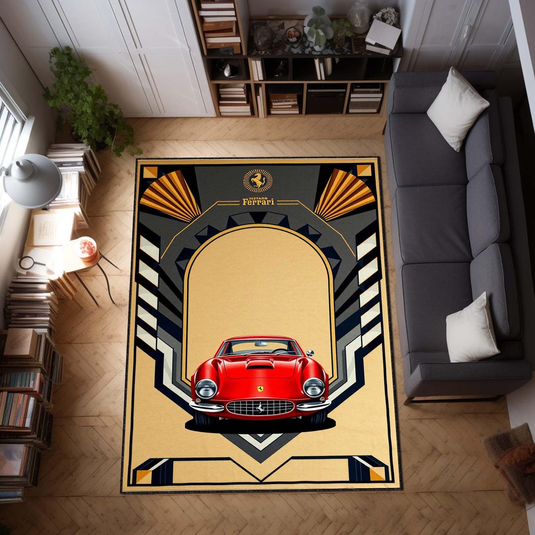 Retro Red Sports Car Art Deco Rug, Classic Auto Lover Area Carpet, Bold ...
