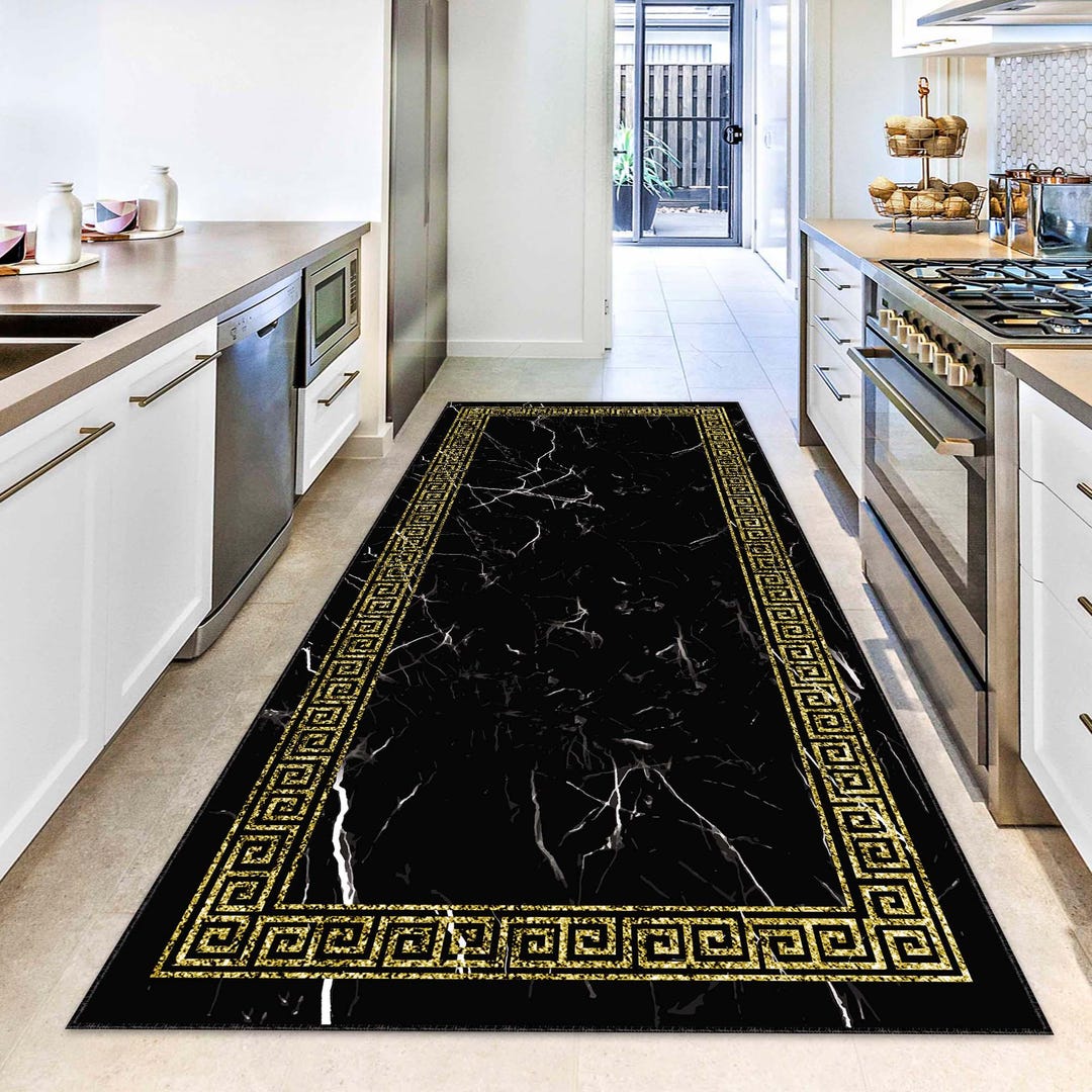 Luxury Black and Gold Runner Rug - Greek Key Border Design - Modern ...