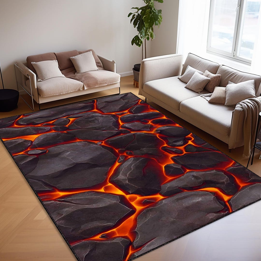 Lava Rock Rug, Volcanic Stone Design Carpet, Fire Glow Home Decor ...