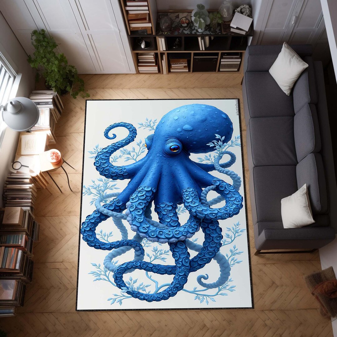 Blue Octopus Area Rug, Underwater Sea Animal Carpet, Nautical Ocean ...
