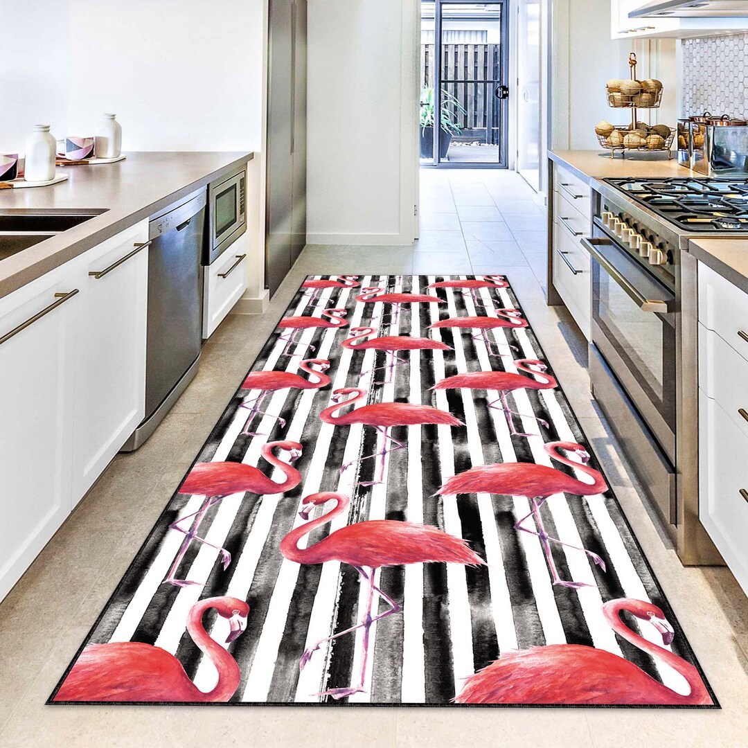 Tropical Flamingo Runner Rug, Long Black and White Carpet, Exotic Palm ...