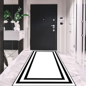 Luxury Black and White Runner Rug, Black Border Design Rug, Modern ...