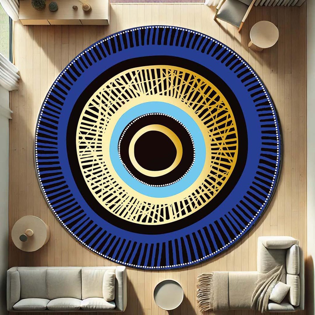 Evil Eye Rug, Boho Blue Round Rug, Tribal Geometric Circle Carpet, Gold ...