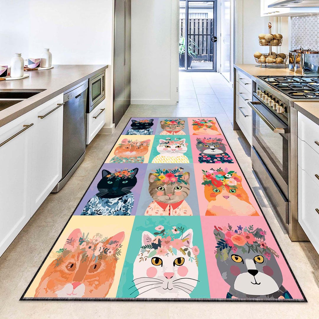 Vintage Cat Runner Rug, Retro Feline Carpet for Hallway, Non-slip ...
