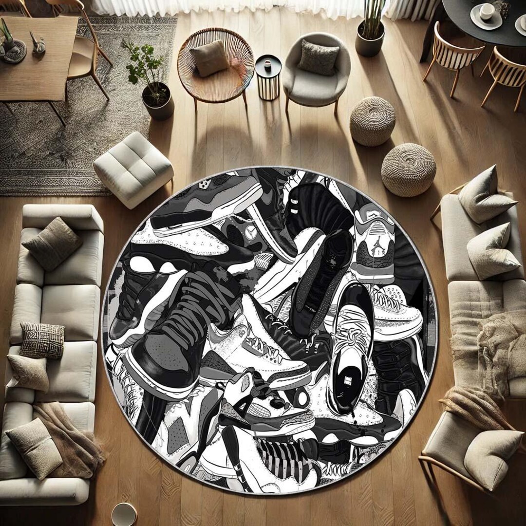 Round Rug With Sneaker, Cool Black and White Shoe Pattern Carpet, Boys ...