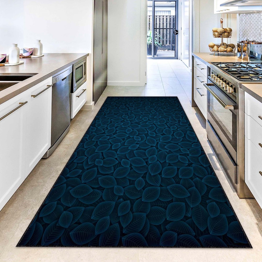 Navy Blue Runner Rug, Botanical Leaf Carpet, Nature-inspired Non-slip ...