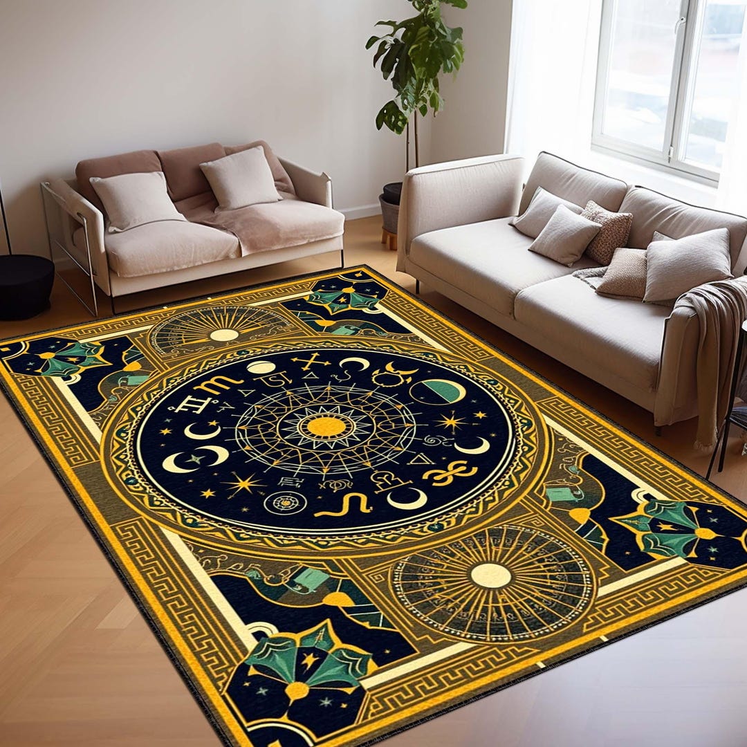 Zodiac Astrology Art Deco Rug, Celestial Symbol Area Carpet, Mystical ...