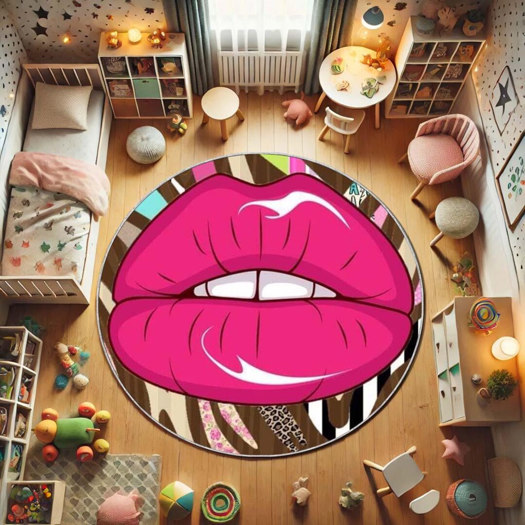 Pink Lips Print Round Rug, Funky Pop Art Carpet, Bold Room Decor for ...