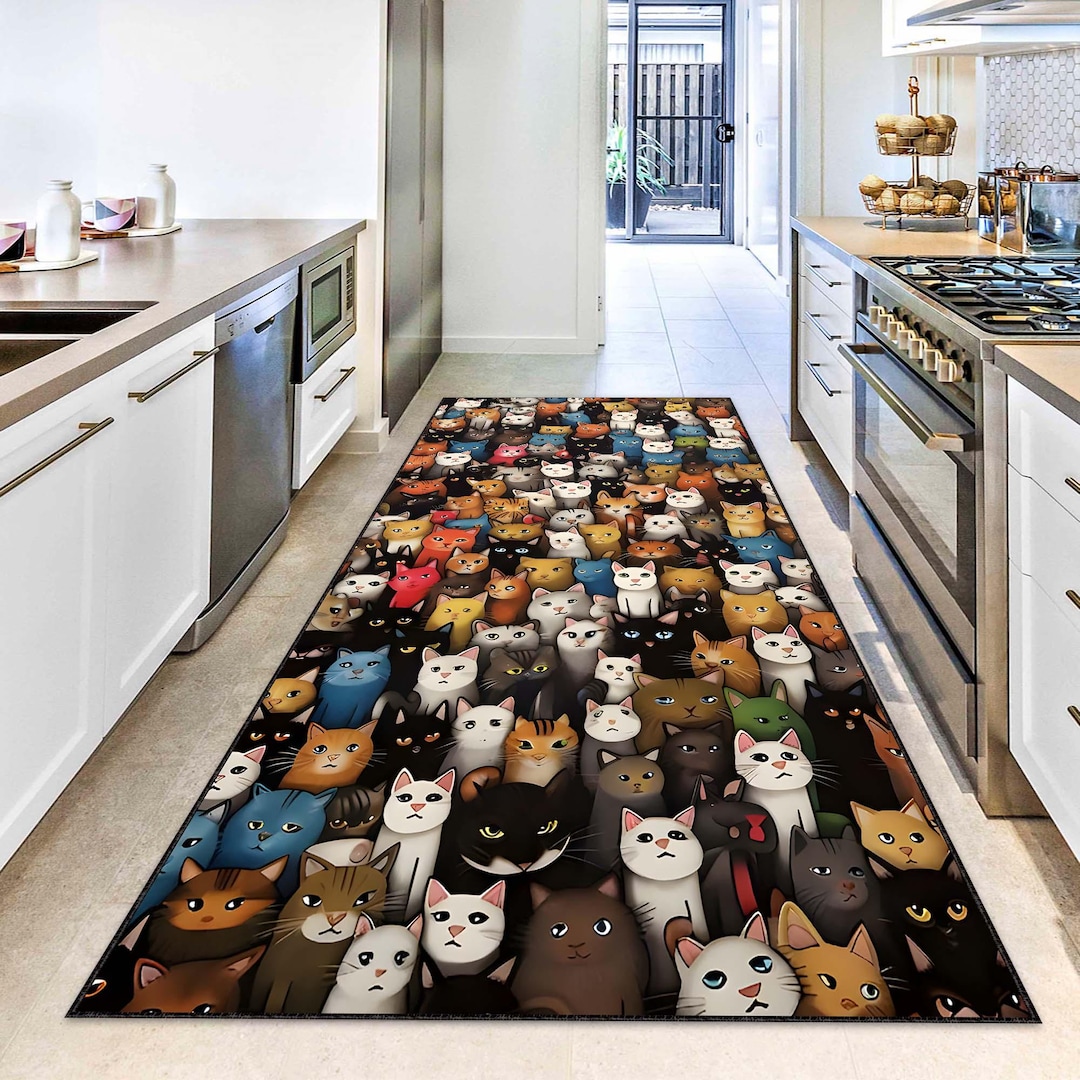 Cute Cat Runner Rug, Colorful Feline Print Hallway Carpet, Whimsical ...