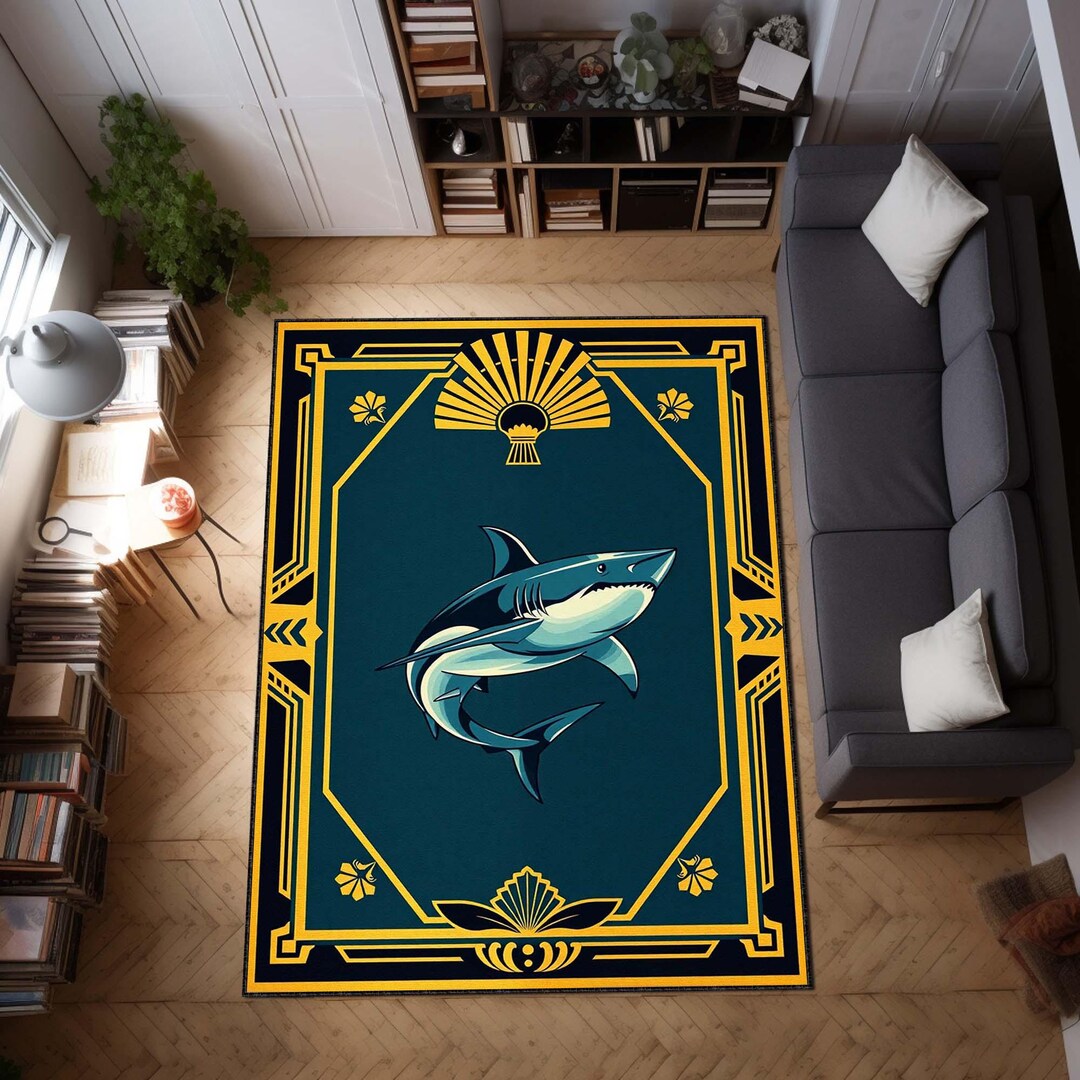Shark Minimalist Art Deco Rug, Ocean Predator Themed Area Carpet, Bold ...