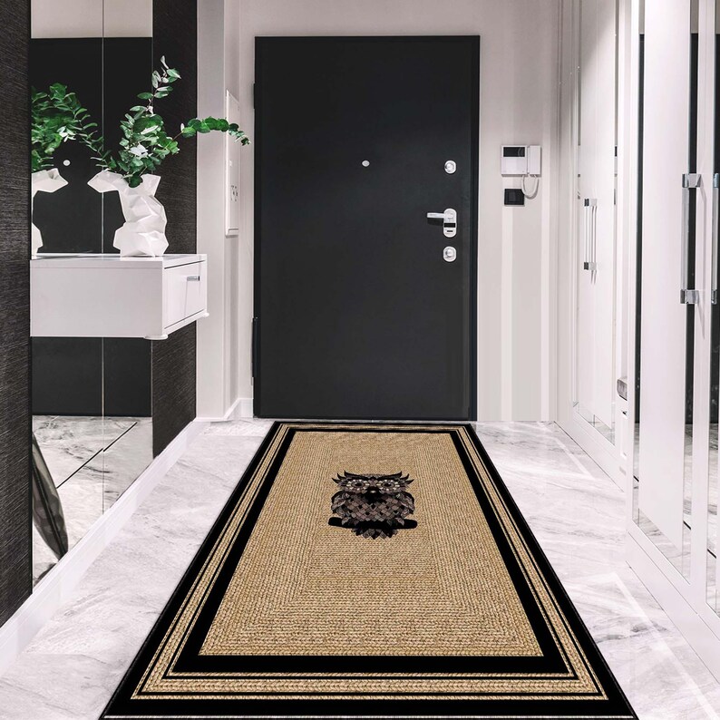 Woven Straw Look Owl Runner Rug, Natural Jute Style Carpet, Rustic ...